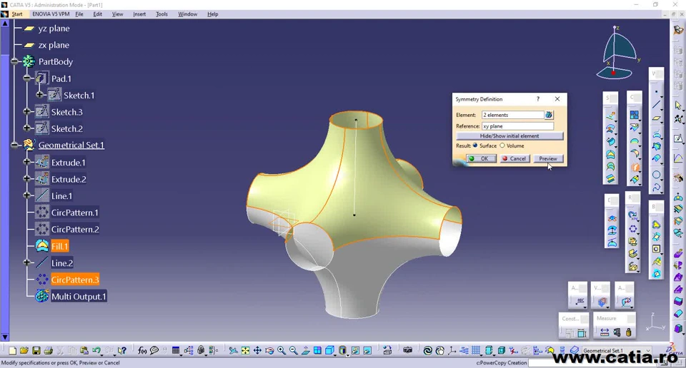 How to create a mechanical part using CATIA Generative Shape Design Six way connector | Dassault ...